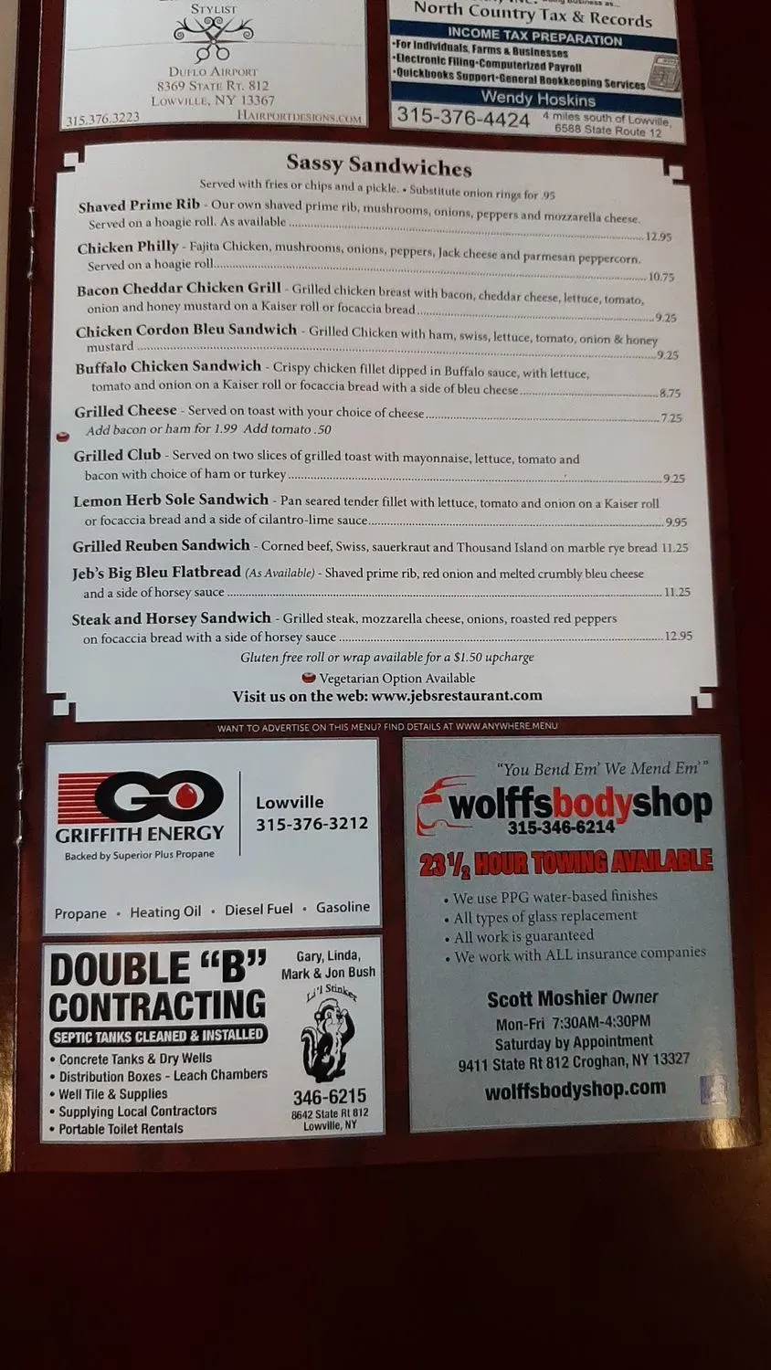 Jeb's Restaurant Menu - Updated October 2025