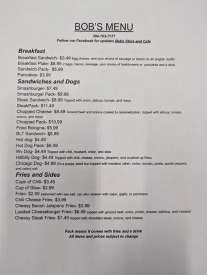 BOBS American Store & Cafe Menu | Shady Spring, WV | Checkle