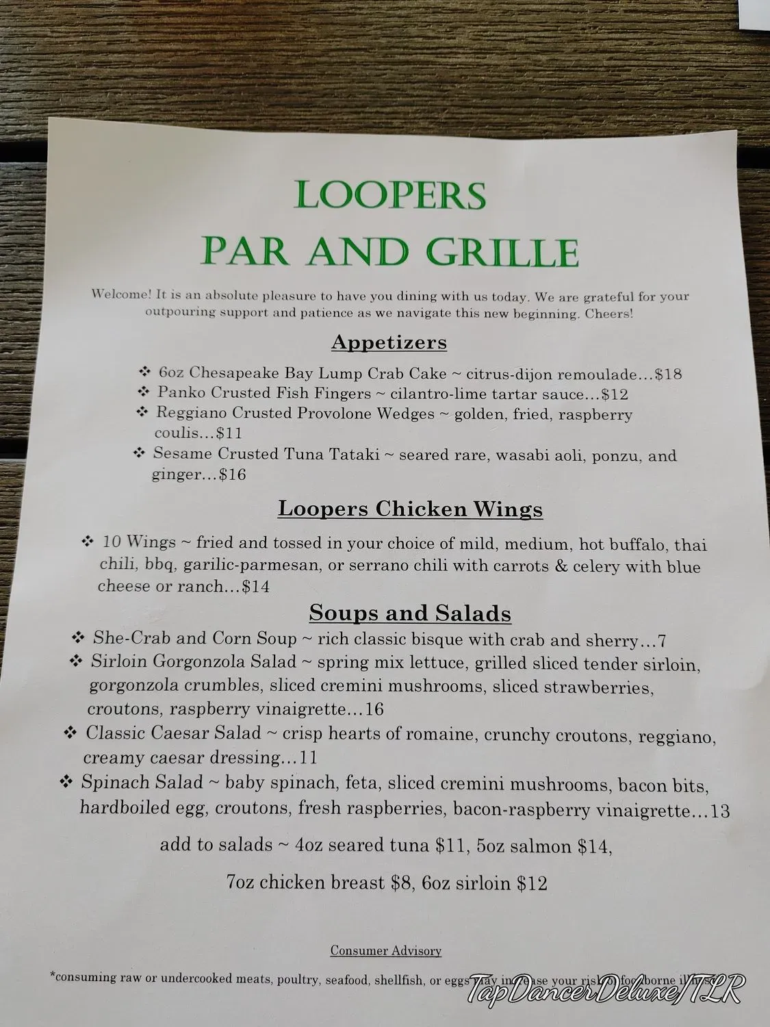 Loopers Par & Grille Menu - Updated October 2025