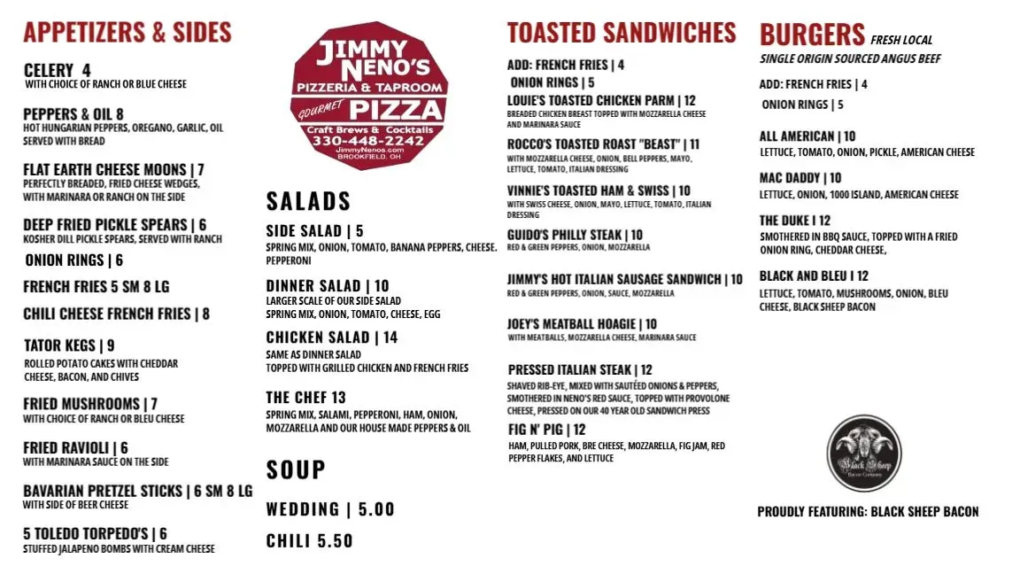 Jimmy Neno’s Pizzeria & Taproom Menu | Brookfield Township, OH | Checkle