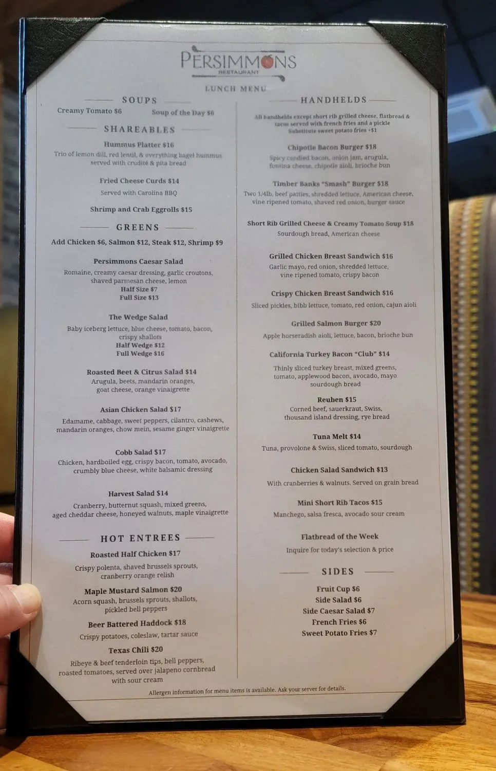 Persimmons Menu - Updated October 2025