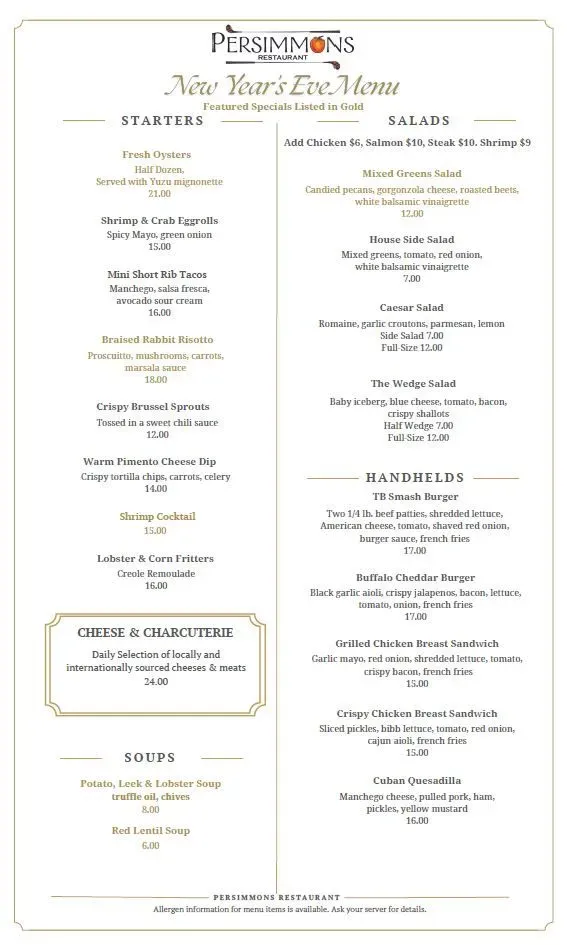 Persimmons Menu - Updated October 2025