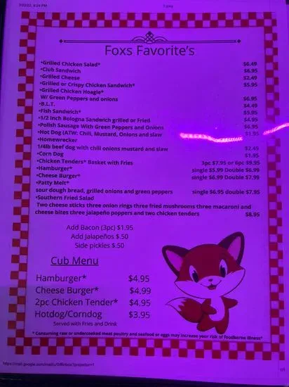 Fox's Diner Menu | Rocky Top, TN | Checkle