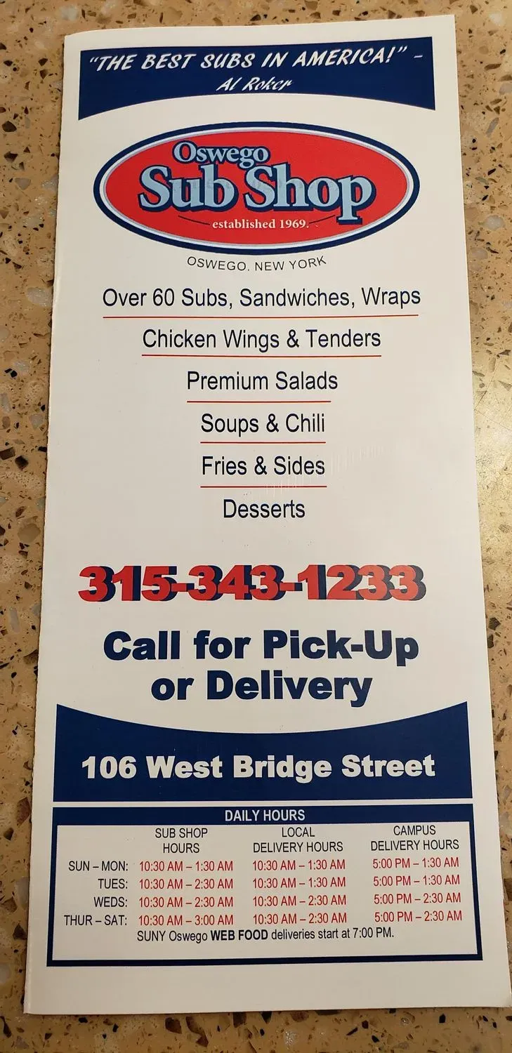 Oswego Sub Shop Menu - Updated October 2025