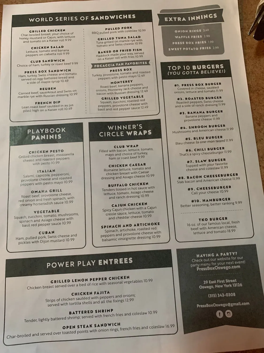 The Press Box Menu - Updated October 2025