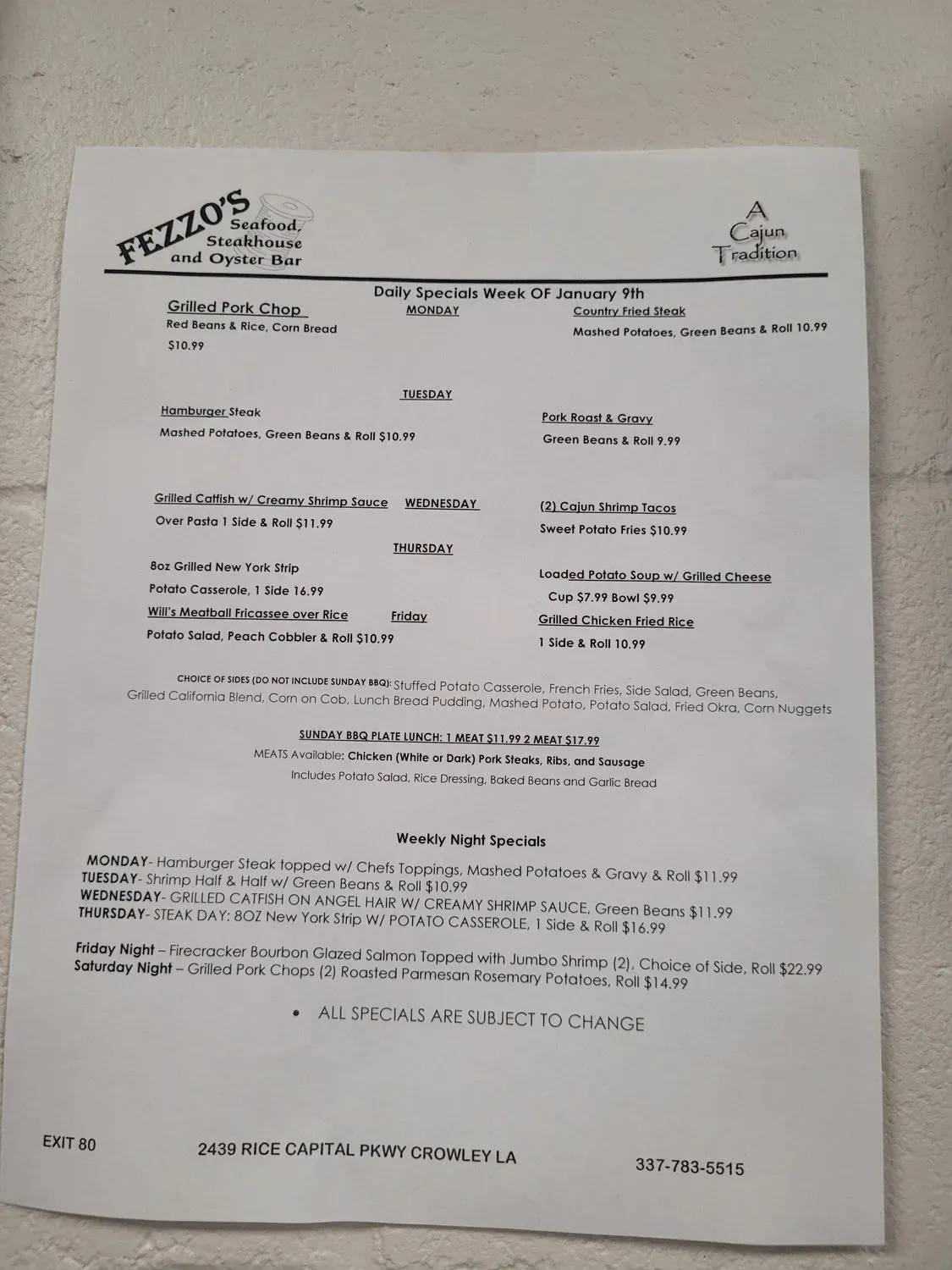 Fezzo's Seafood, Steakhouse and Oyster Bar of Crowley Menu - Updated ...