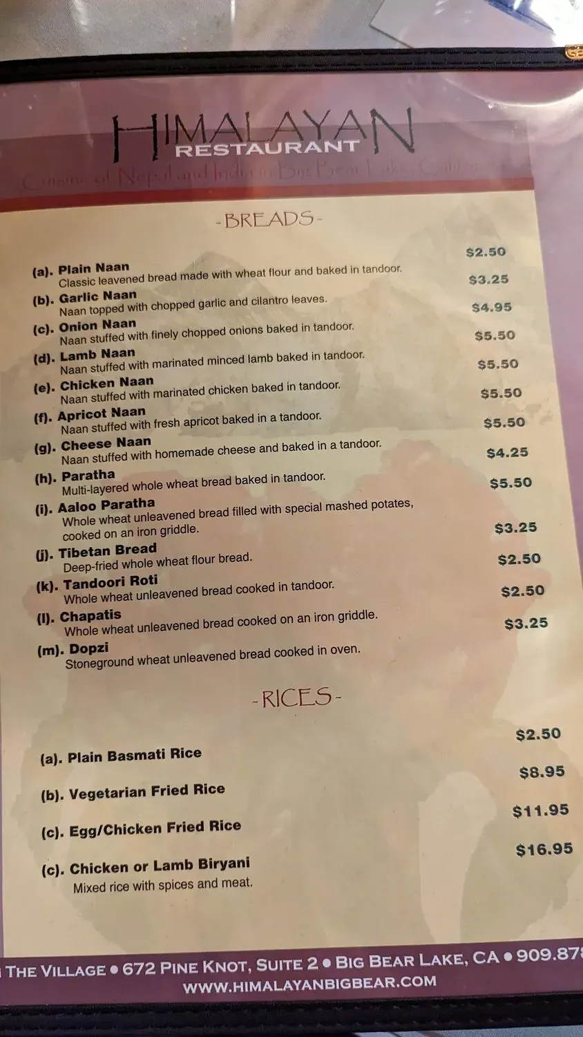 Himalayan Restaurant Menu - Updated October 2025