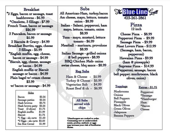 The Blue Line Grill Menu | Tellico Plains, TN | Checkle