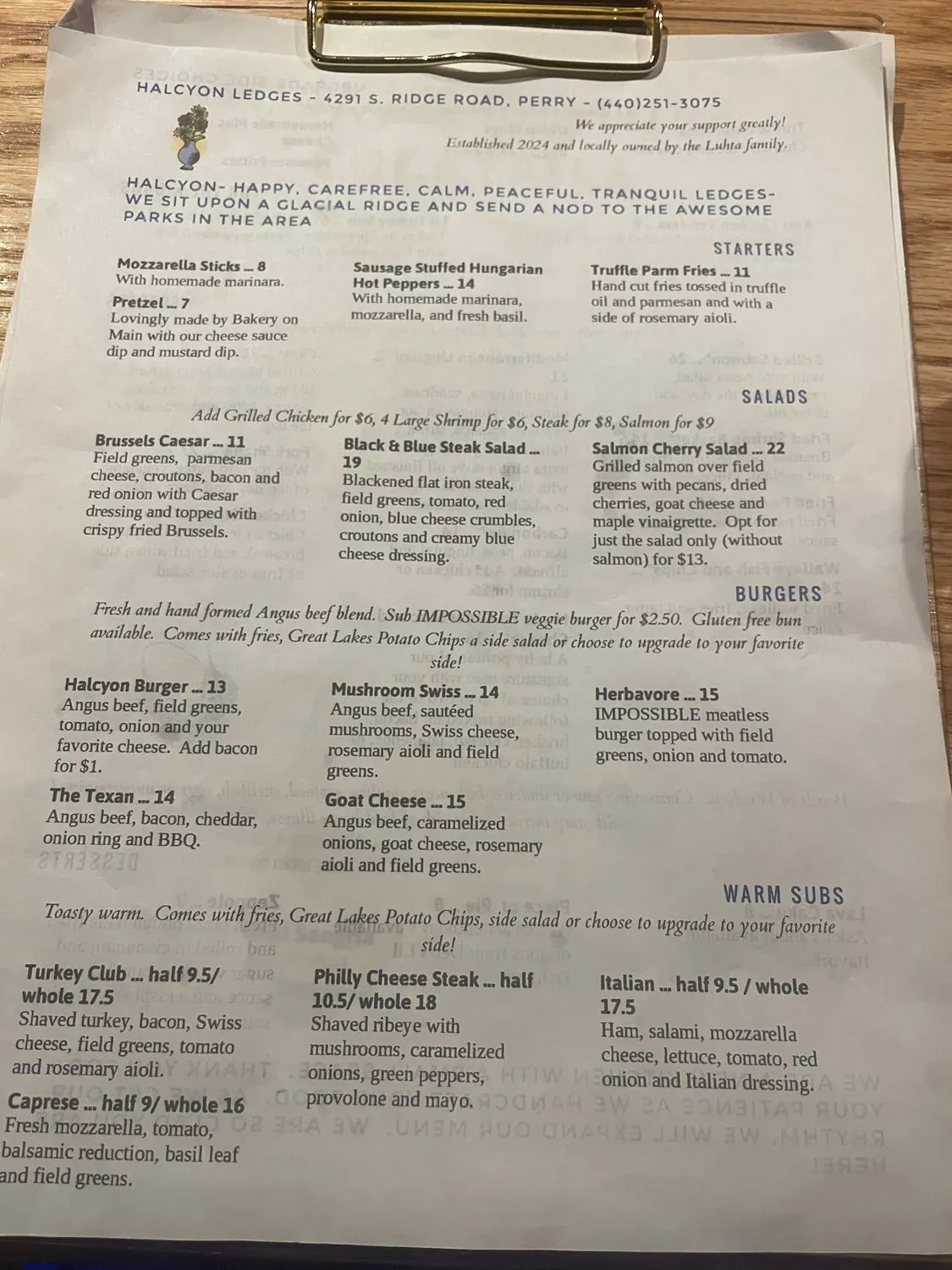 Halcyon Ledges Menu - Updated September 2025