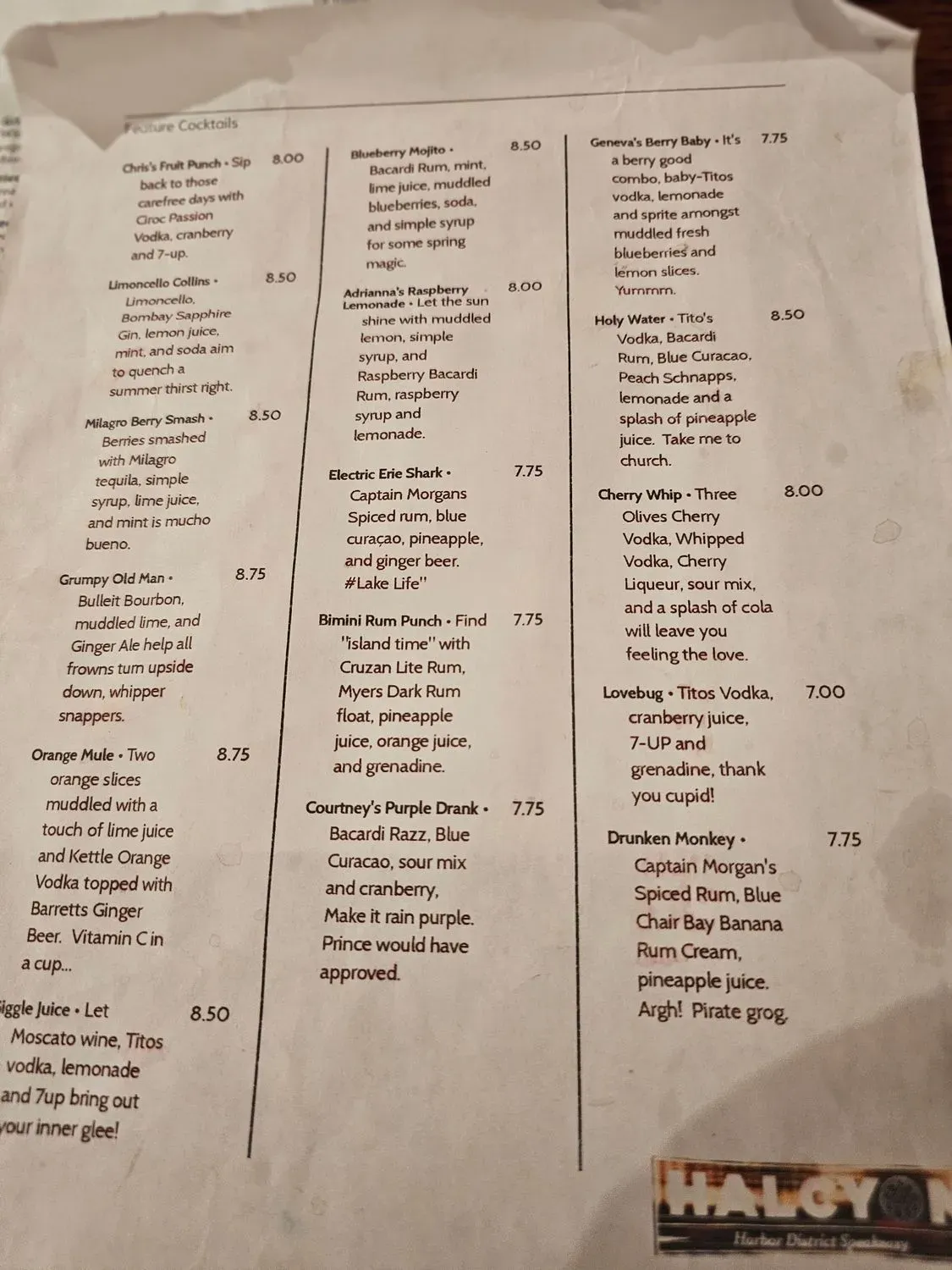 Halcyon Ledges Menu - Updated September 2025
