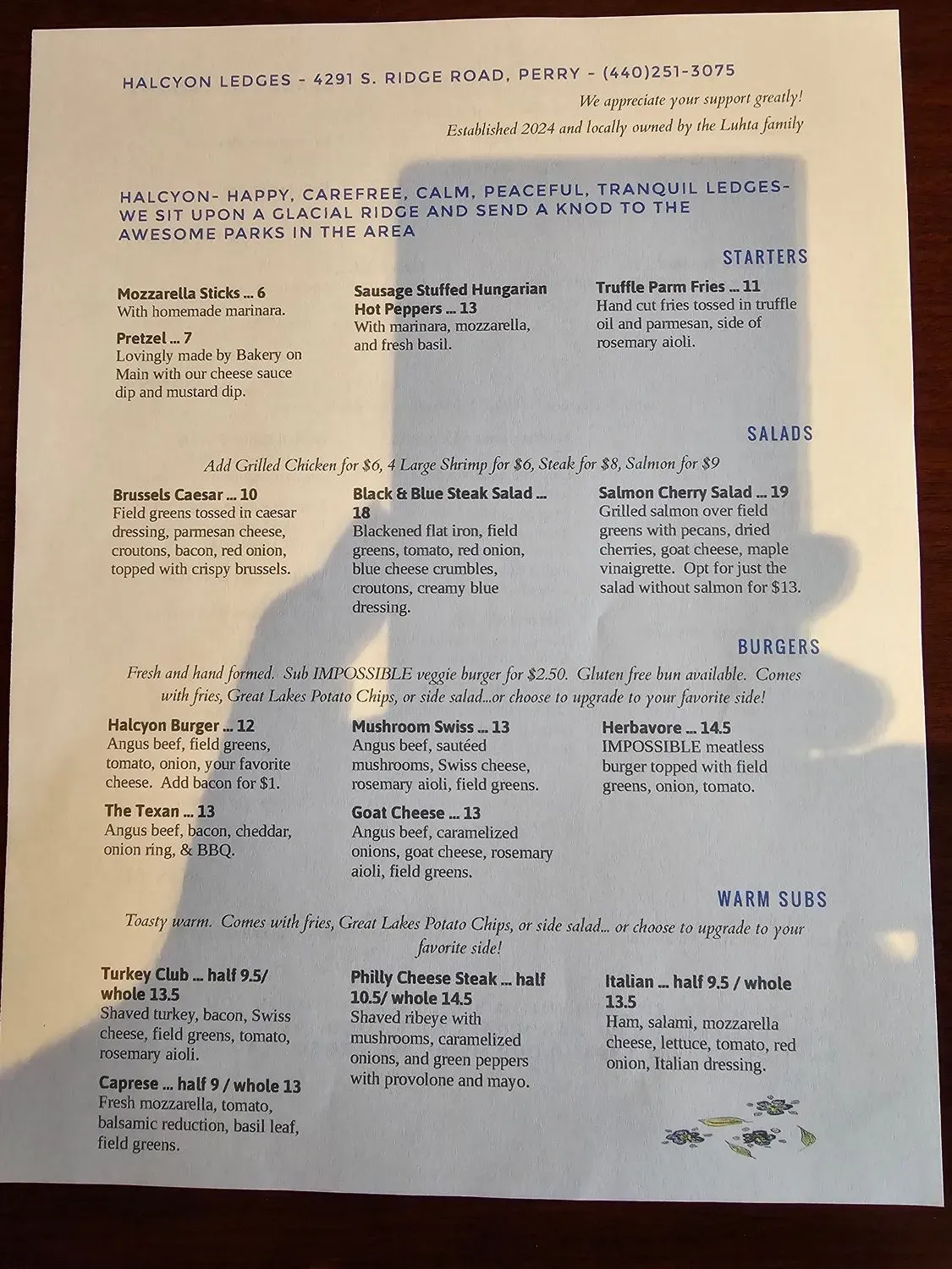 Halcyon Ledges Menu - Updated September 2025