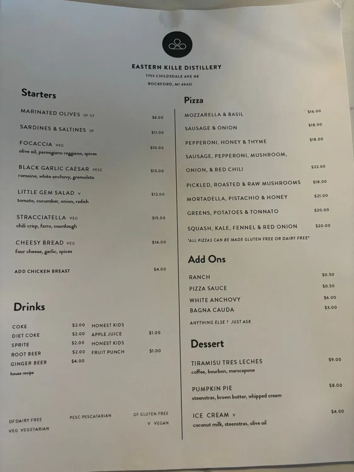 Eastern Kille Distillery Menu - Updated November 2025