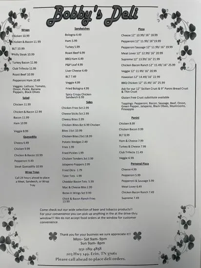 Bobby’s Deli Menu | Erin, TN | Checkle