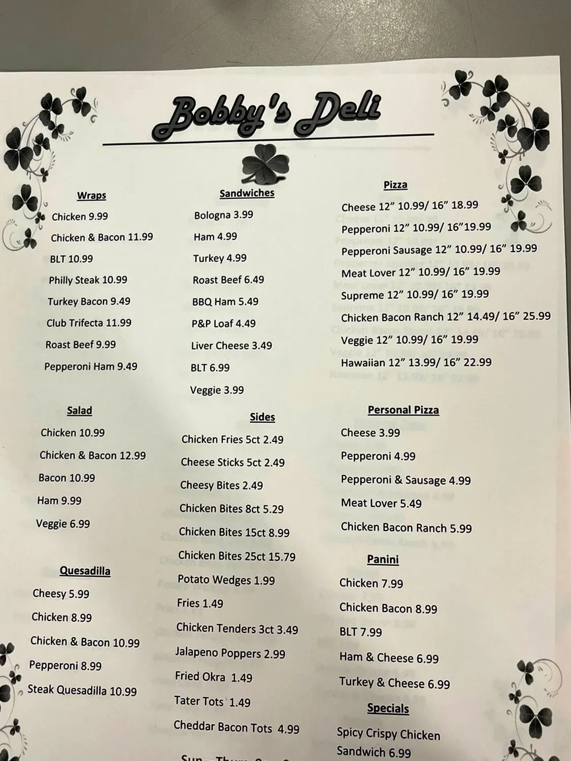 Bobby’s Deli Menu - Updated November 2025