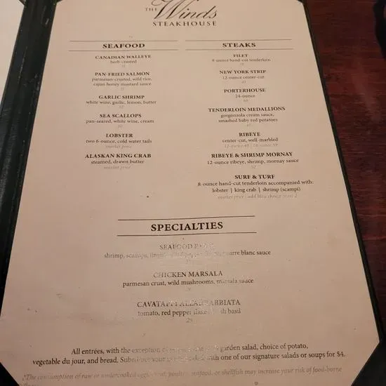 Winds Steakhouse Menu | Hinckley, MN | Checkle