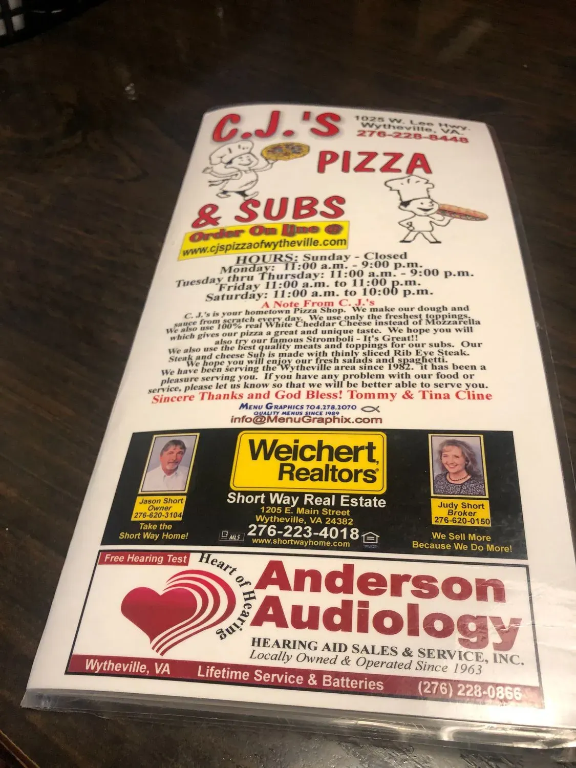 CJ's Pizza & Subs Menu - Updated November 2025