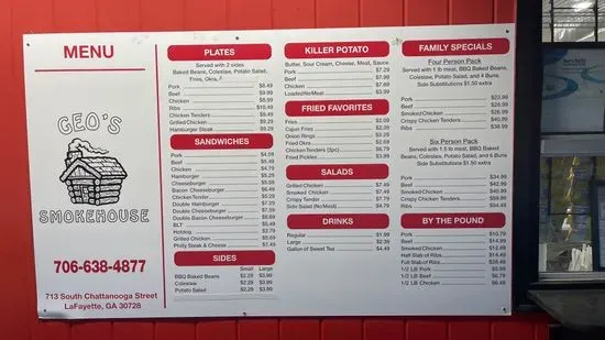 Geo's Smokehouse Menu | LaFayette, GA | Checkle