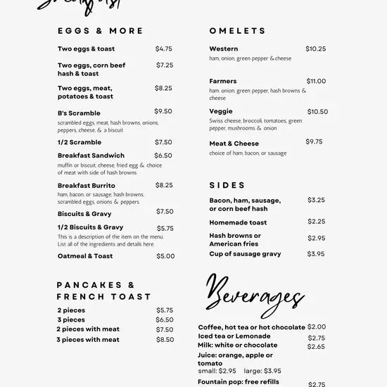 B's Family Restaurant Now Stormy's Diner Menu | Au Gres, MI | Checkle