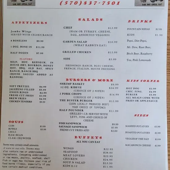 The Redneck Bar & Grill, LLC Menu | Middleburg, PA | Checkle