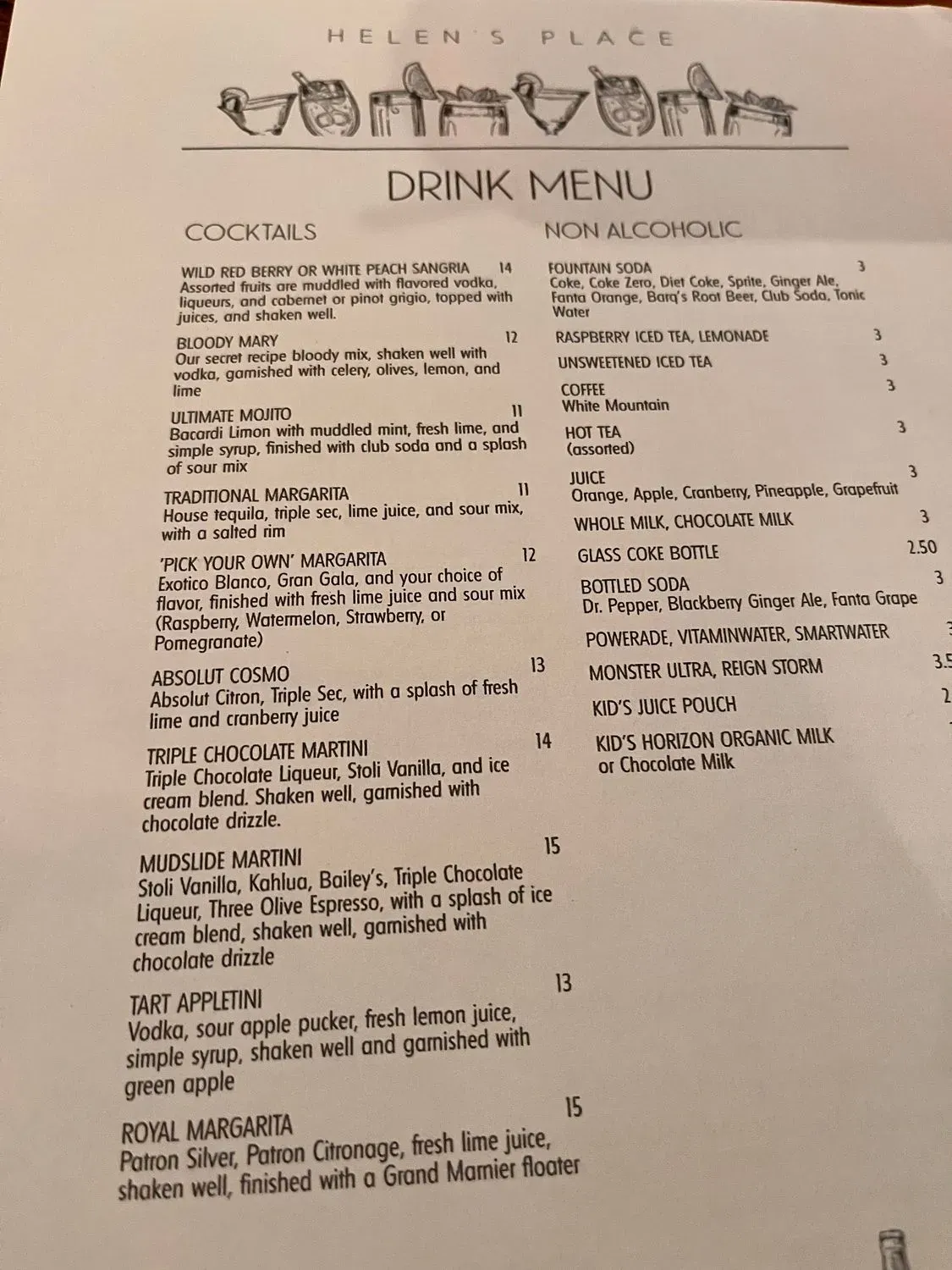 Helen's Place Menu - Updated July 2025