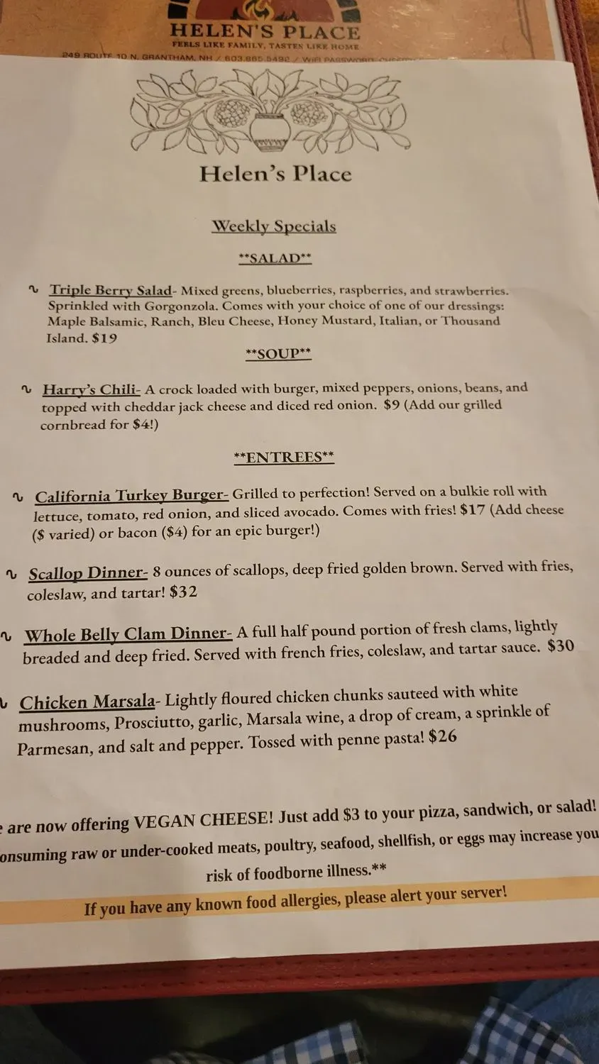 Helen's Place Menu - Updated July 2025