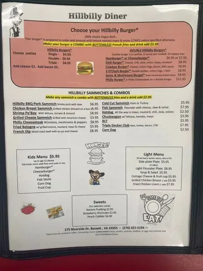 Hillbilly Diner Menu | Bassett, VA | Checkle