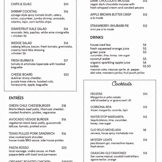 the Water Stop Menu | Marfa, TX | Checkle