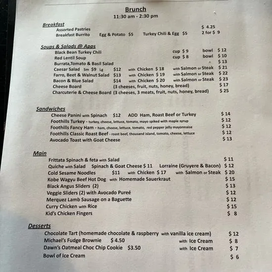 The Foothills Cafe & Curio Menu | Center Sandwich, NH | Checkle