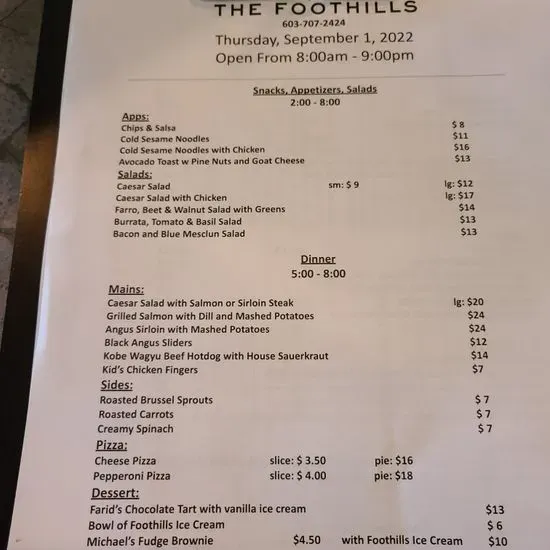 The Foothills Cafe & Curio Menu | Center Sandwich, NH | Checkle