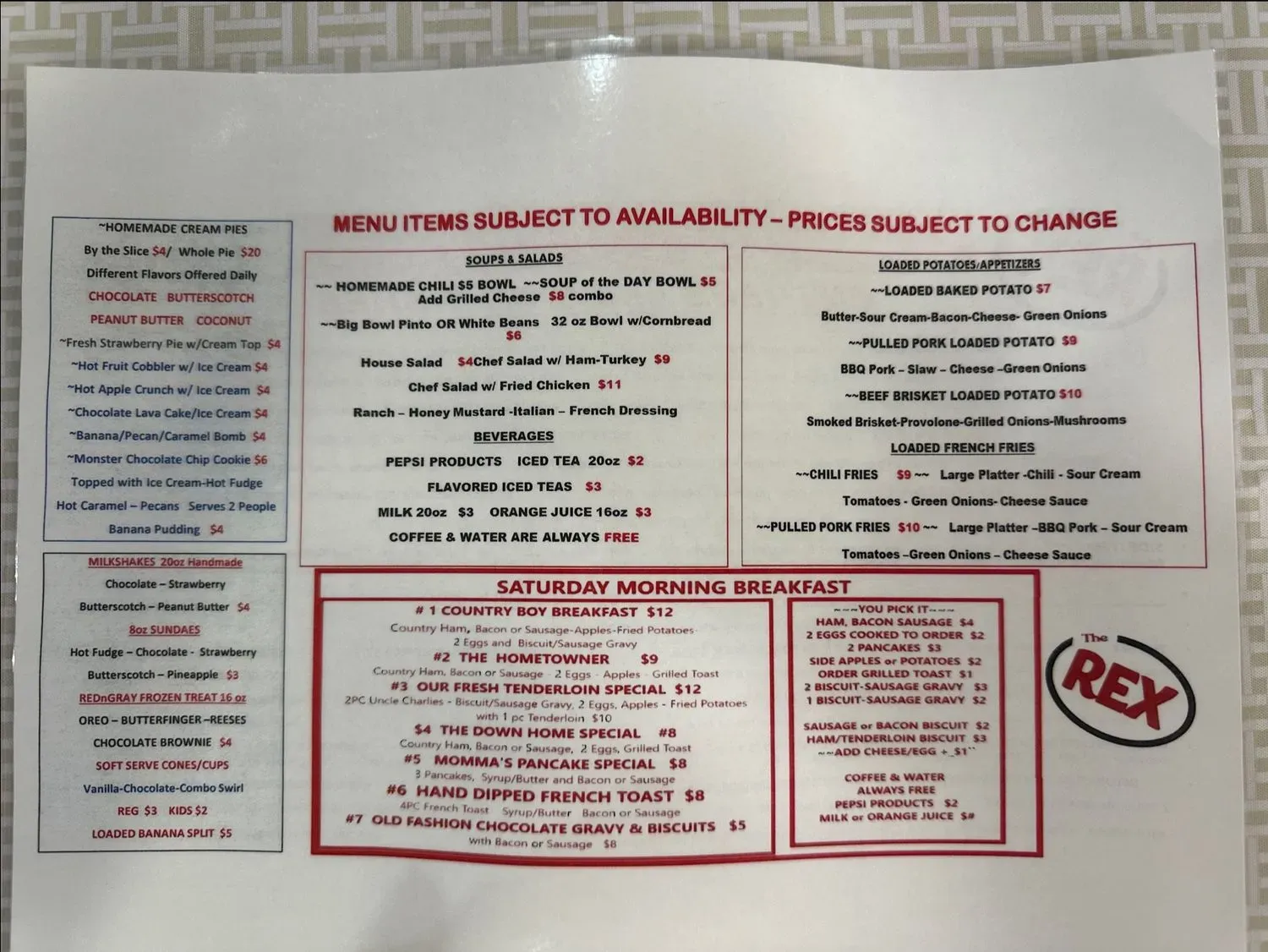 The Rex Family Restaurant Menu - Updated November 2025
