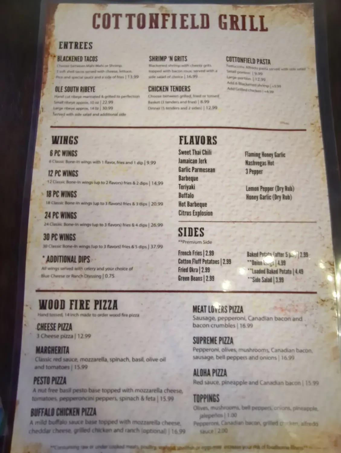 Cottonfield Bar & Grill Menu - Updated November 2025