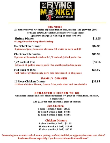 The Flying Monkey Saloon & Eatery Menu | Barron, WI | Checkle