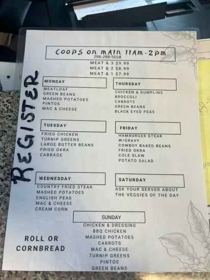 Coops On Main Menu | Boaz, AL | Checkle