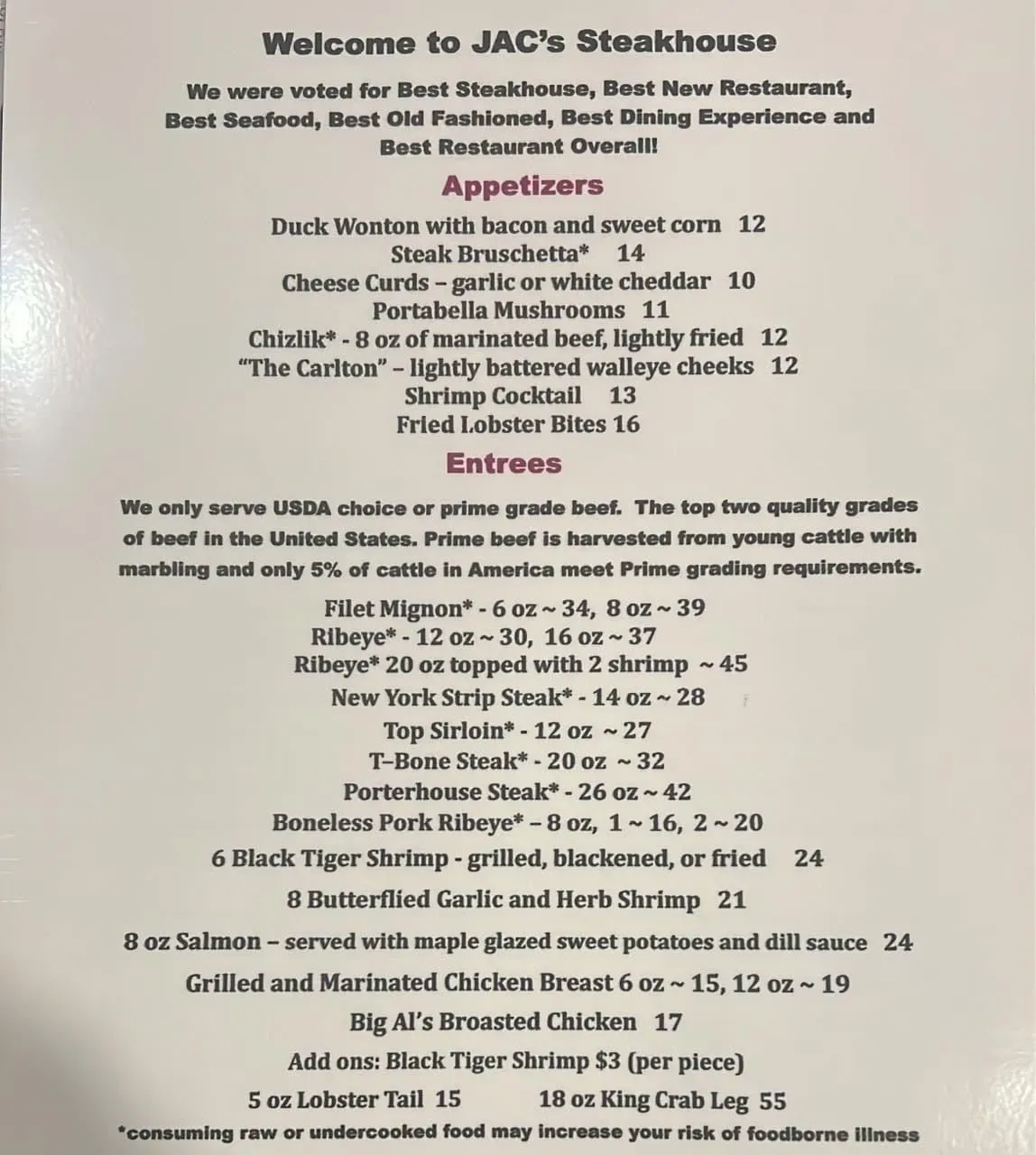 JAC's Steakhouse Menu - Updated October 2025