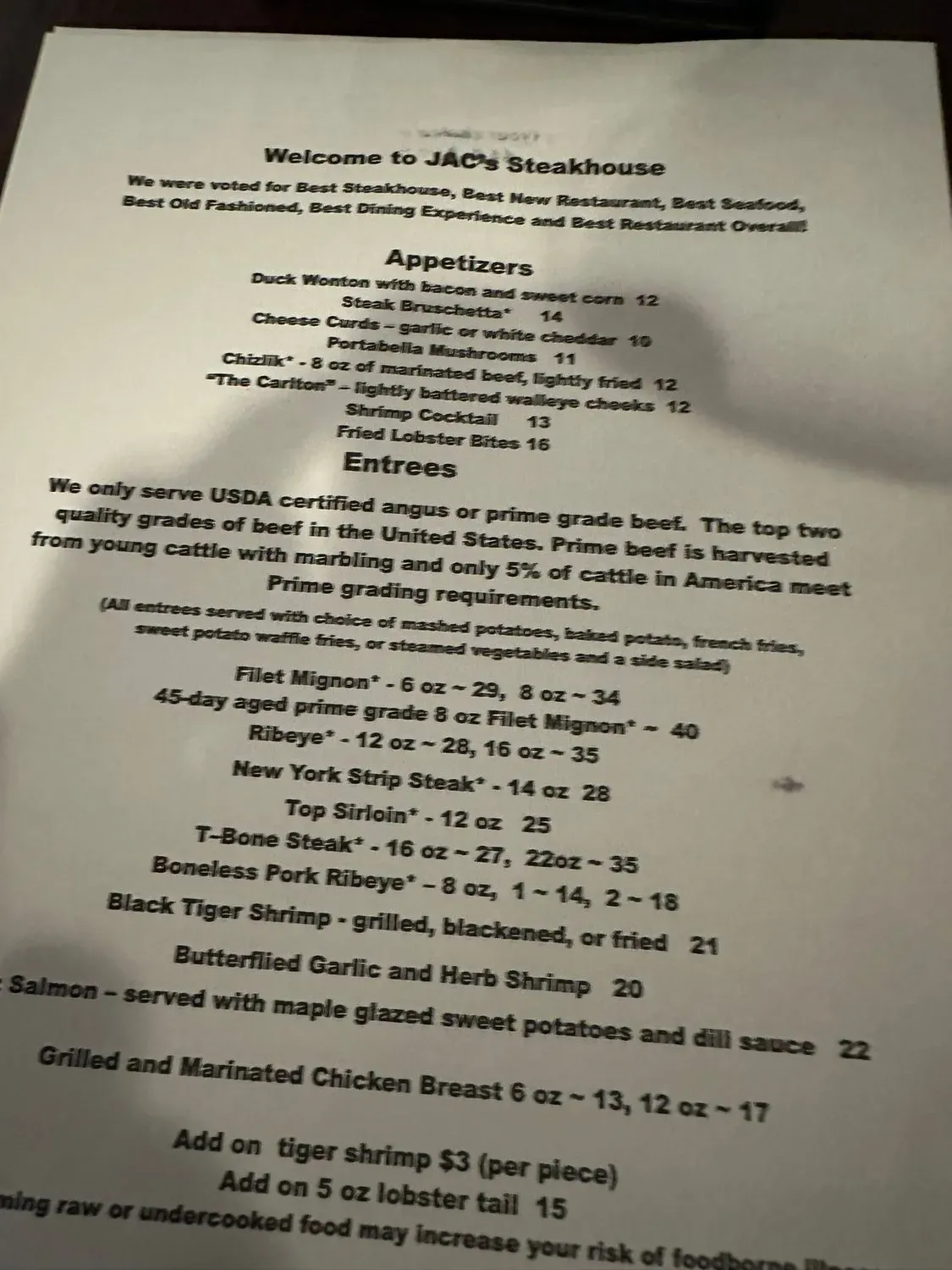 JAC's Steakhouse Menu - Updated November 2025
