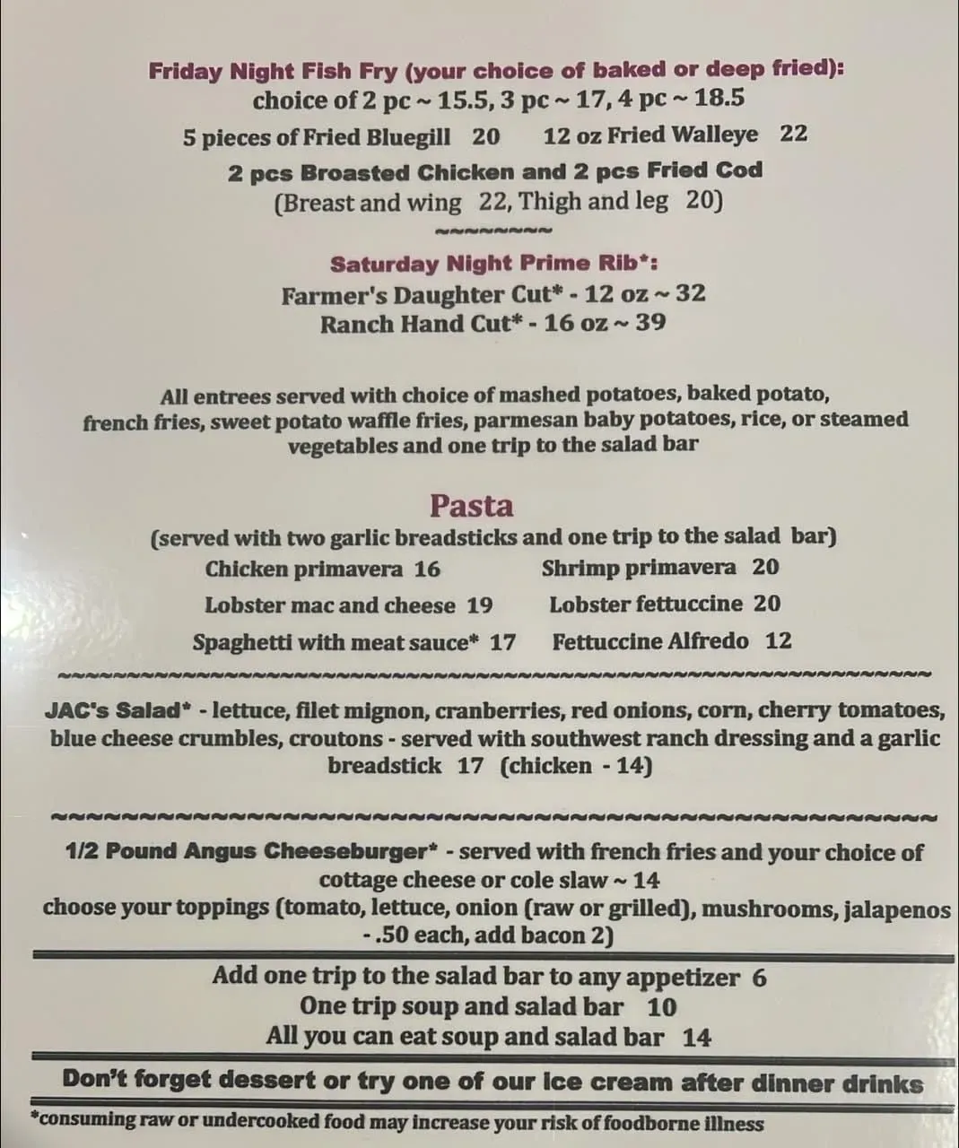 JAC's Steakhouse Menu - Updated November 2025