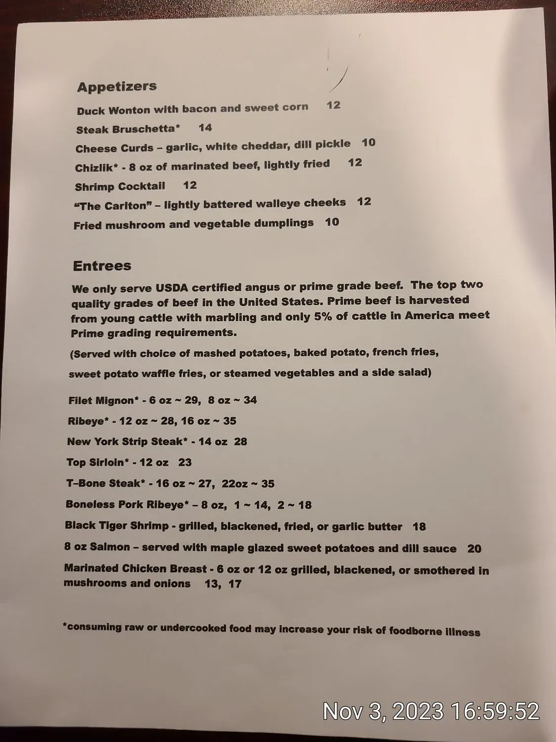 JAC's Steakhouse Menu - Updated November 2025