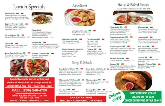 Roma Italian Bistro Menu | Sheffield, AL | Checkle