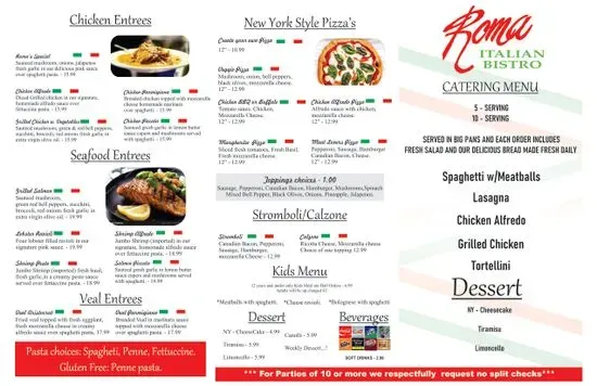 Roma Italian Bistro Menu | Sheffield, AL | Checkle