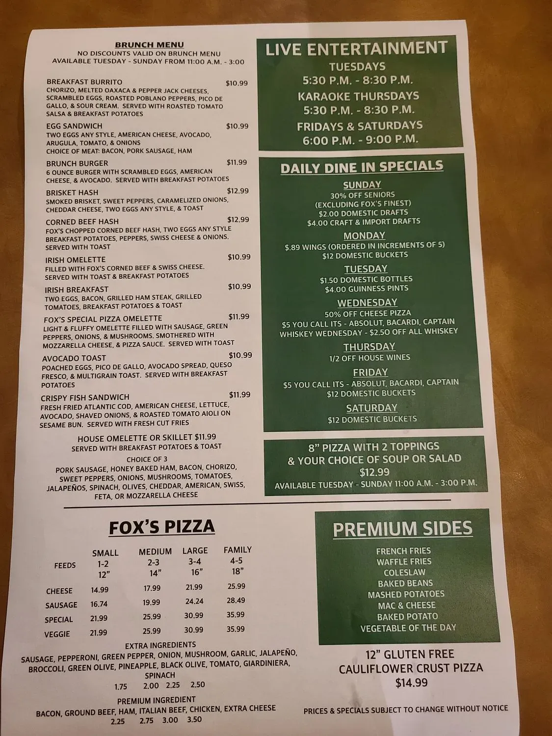 Fox's Pizza & Irish Pub Orland Park Menu - Updated November 2025
