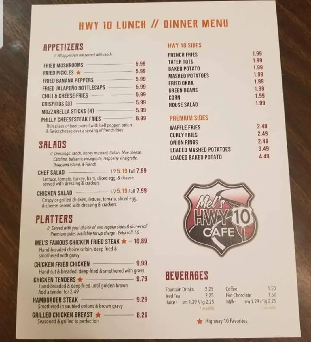 Mel's HWY 10 Cafe Menu - Updated November 2025