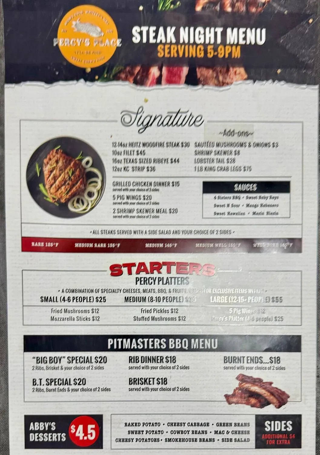 Percy’s Place Menu - Updated September 2025