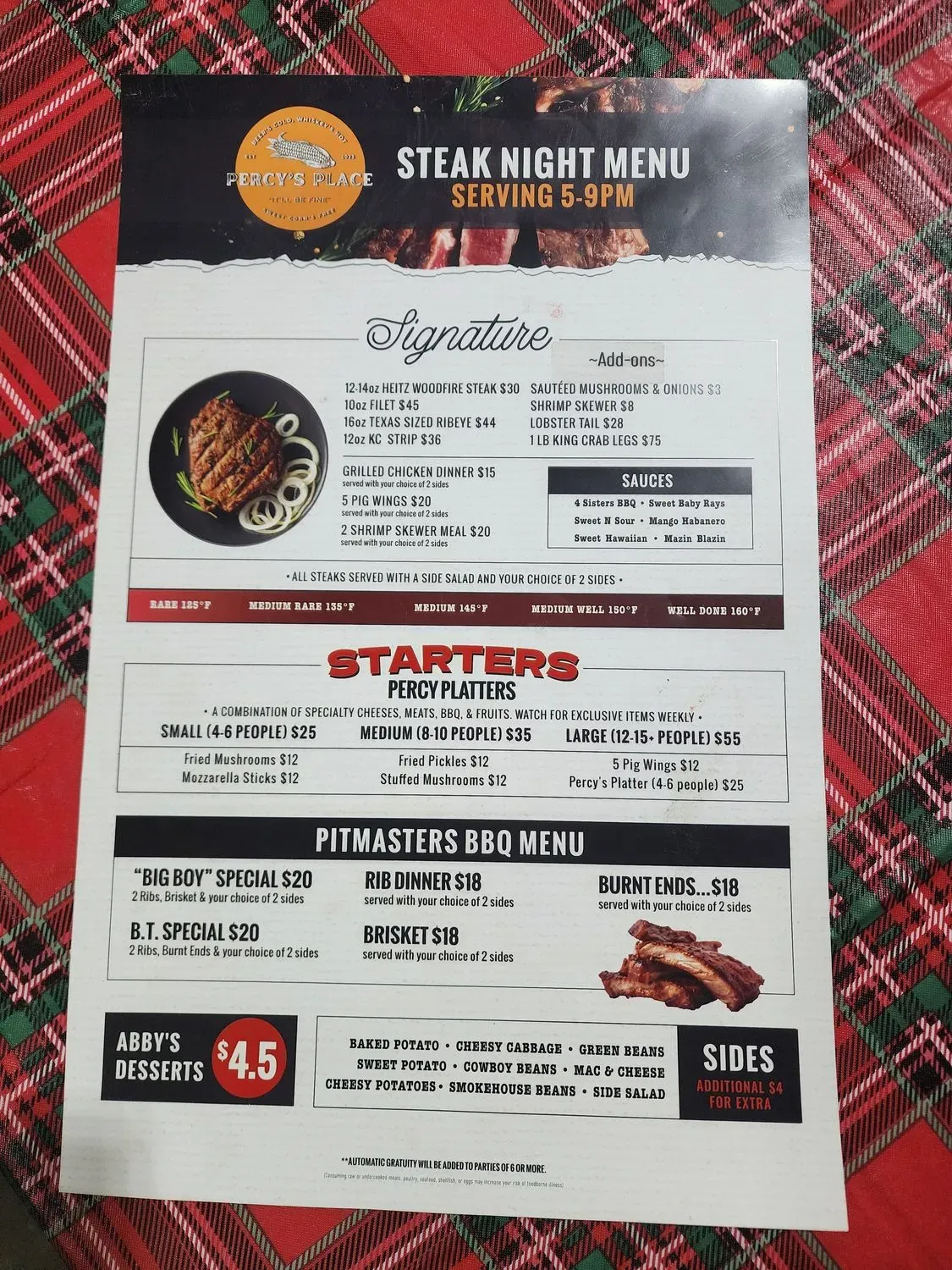 Percy’s Place Menu - Updated September 2025