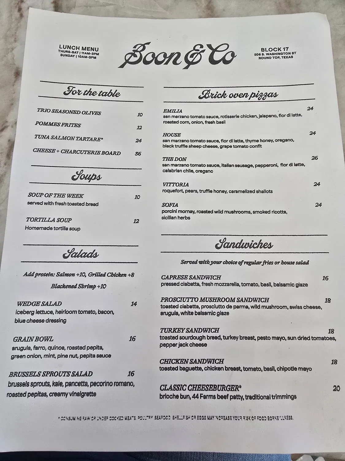Boon & Company Menu - Updated November 2025