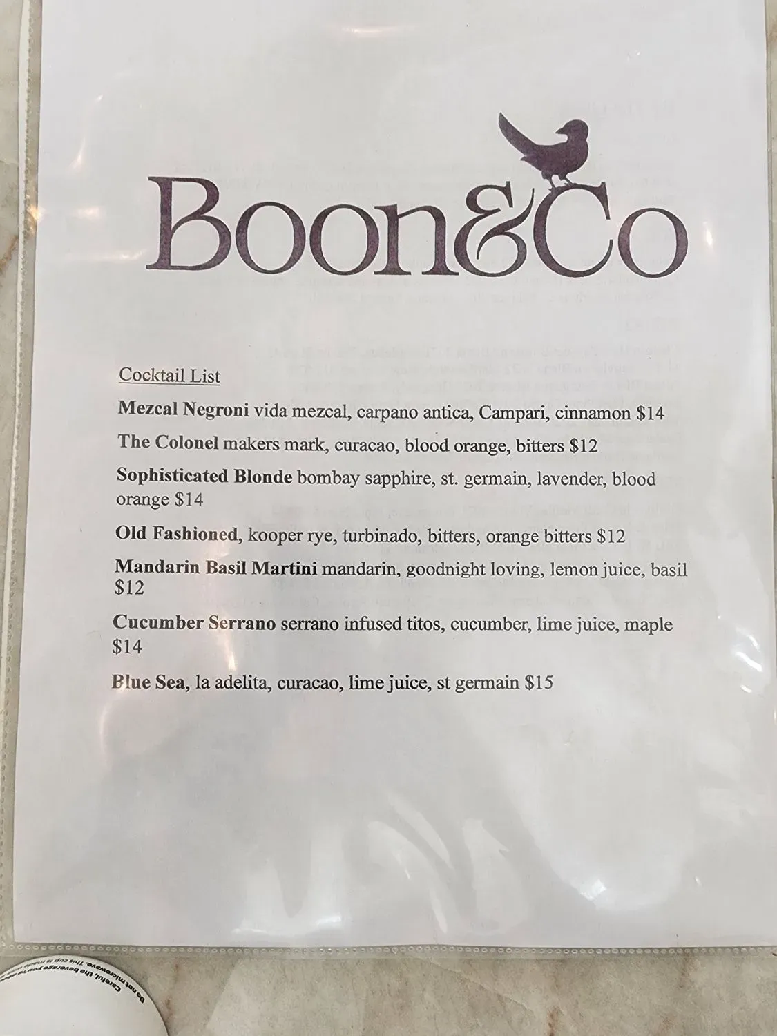 Boon & Company Menu - Updated November 2025