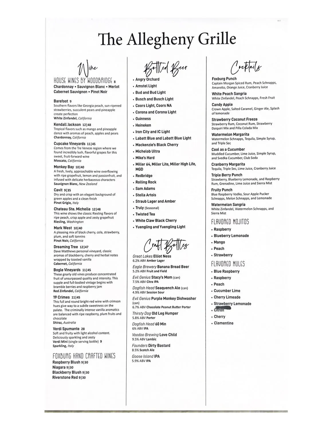 Allegheny Grille Menu - Updated November 2025
