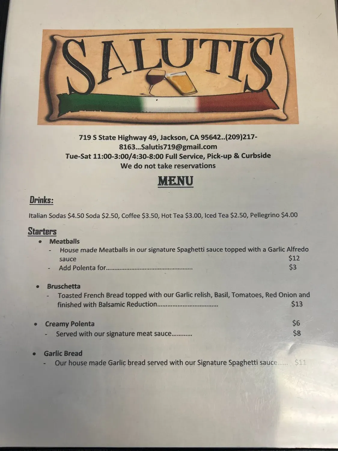 Saluti's Menu - Updated November 2025