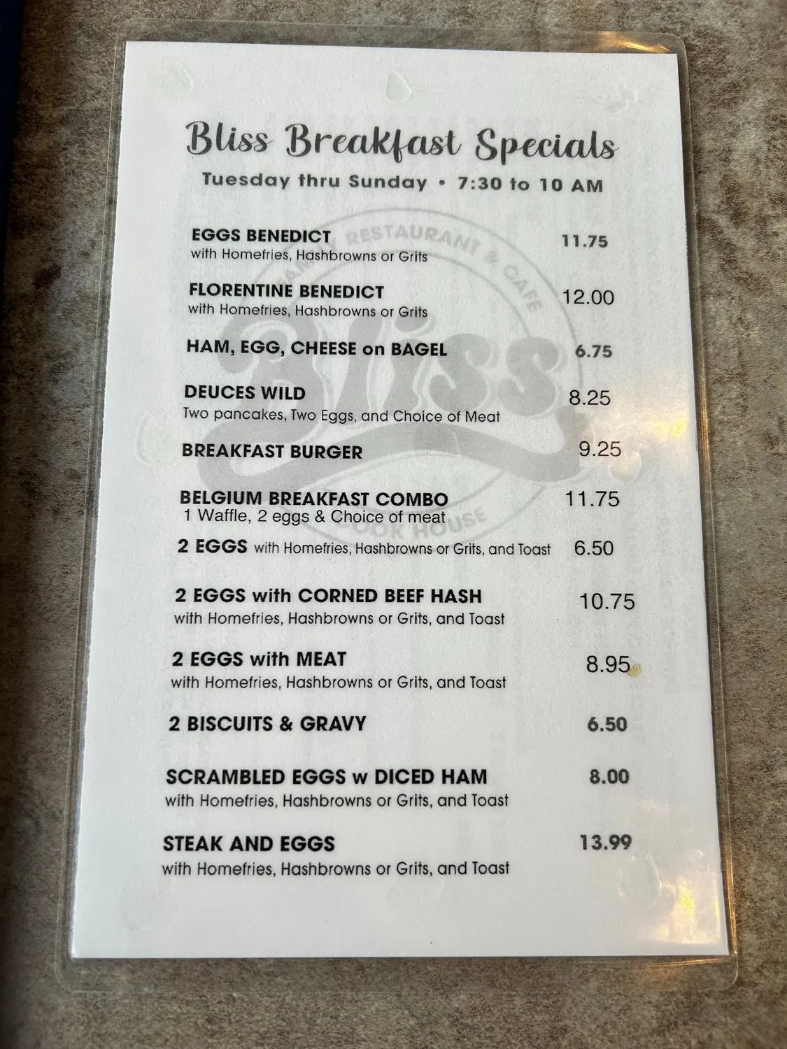 Bliss Cook House Menu | Palm Harbor, FL | Checkle