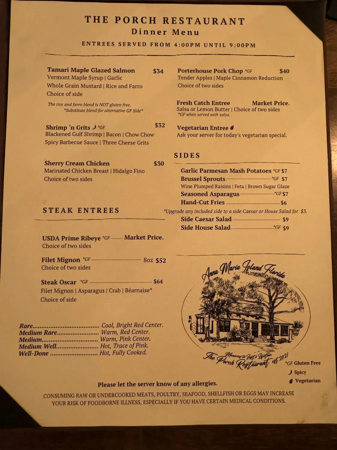 The Porch Restaurant Anna Maria Menu