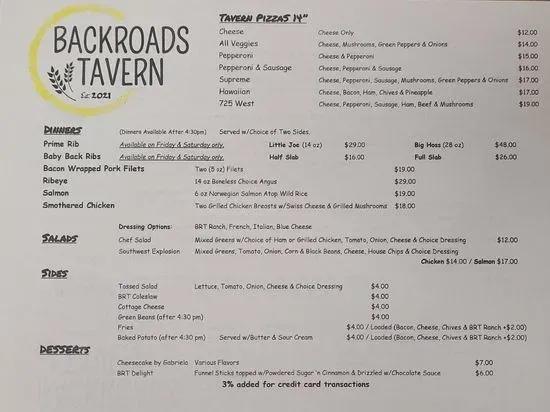 Backroads Tavern in Wolcottville Menu | Wolcottville, IN | Checkle